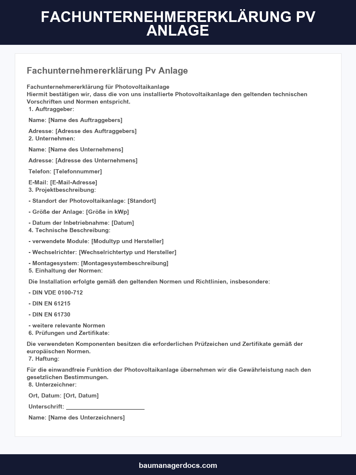 Fachunternehmererklärung Pv Anlage